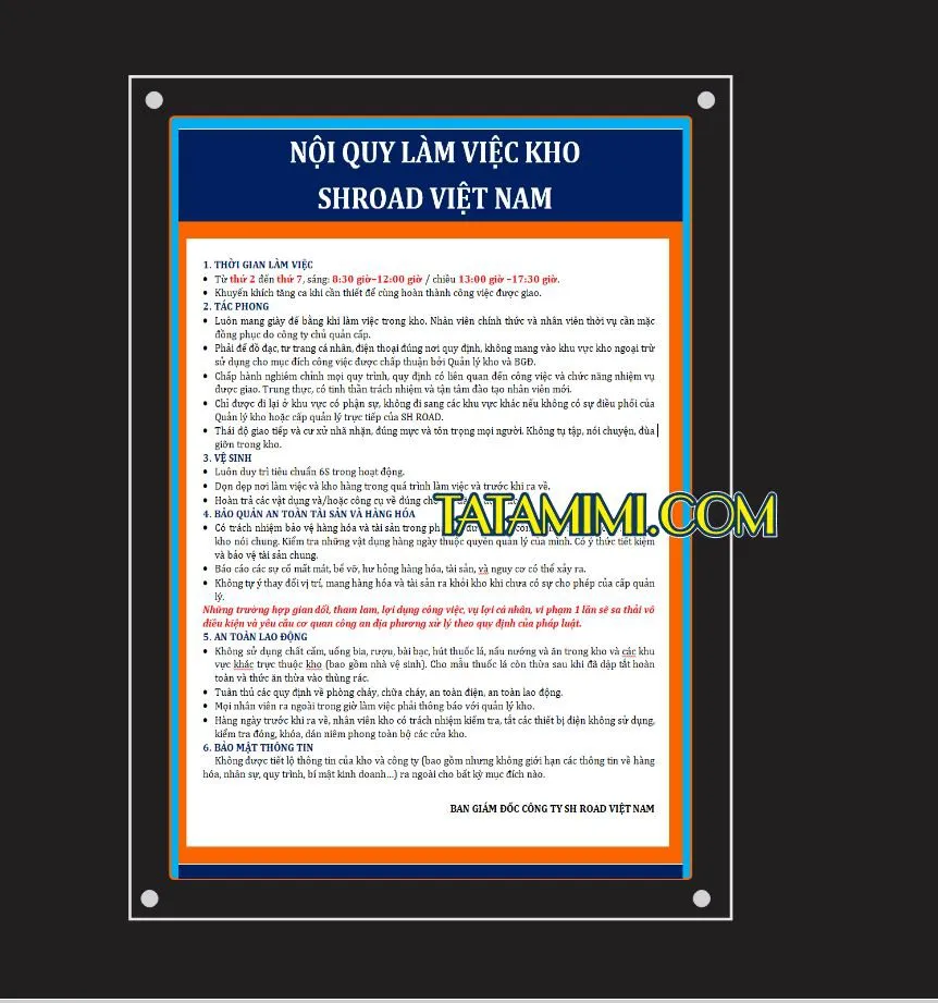 Kích thước của bảng nội quy