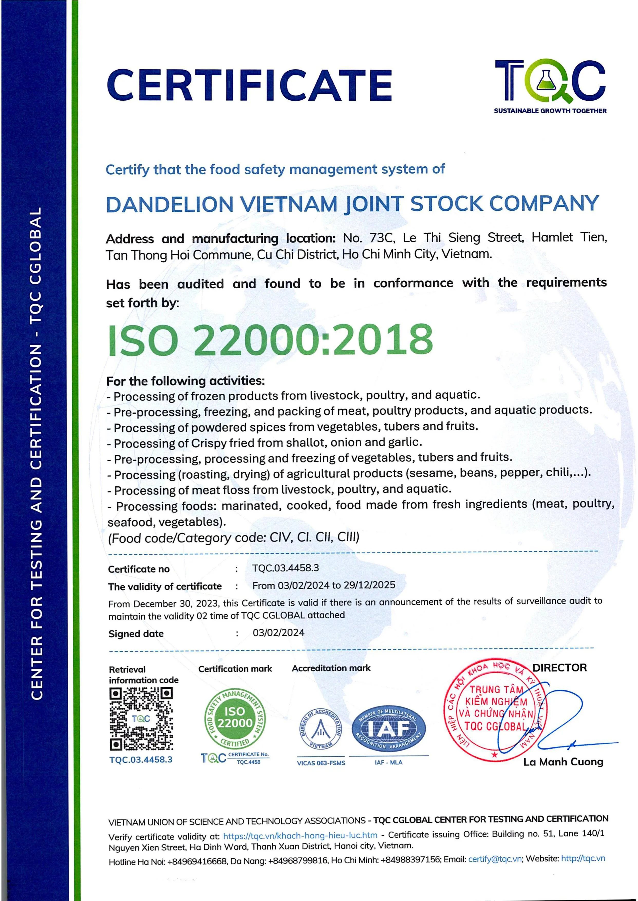 ISO 22000:2018 certificate