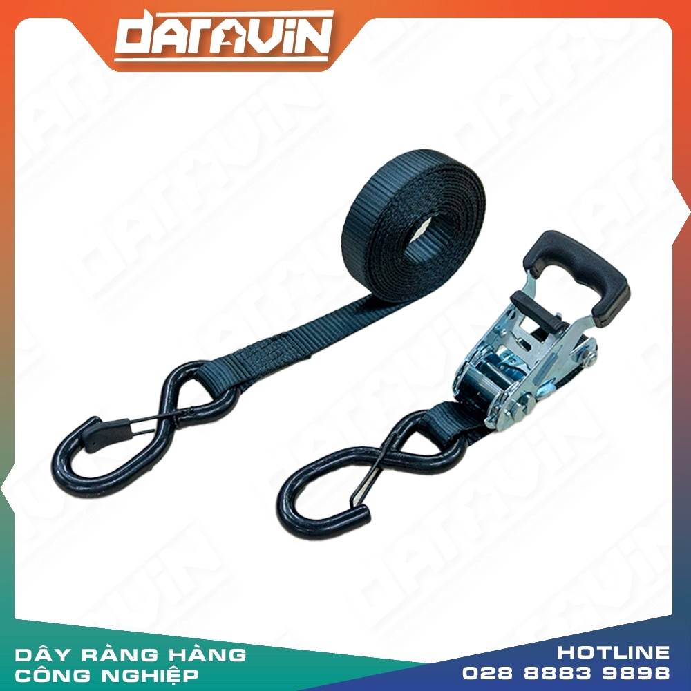 Dây chằng hàng tăng đơ cán nhựa bản 25mm tải 800kg móc S lưỡi gà