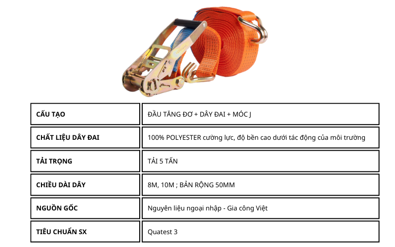 Dây Chằng Hàng Tăng Đơ Bản 50mm Tải 5 Tấn Móc J