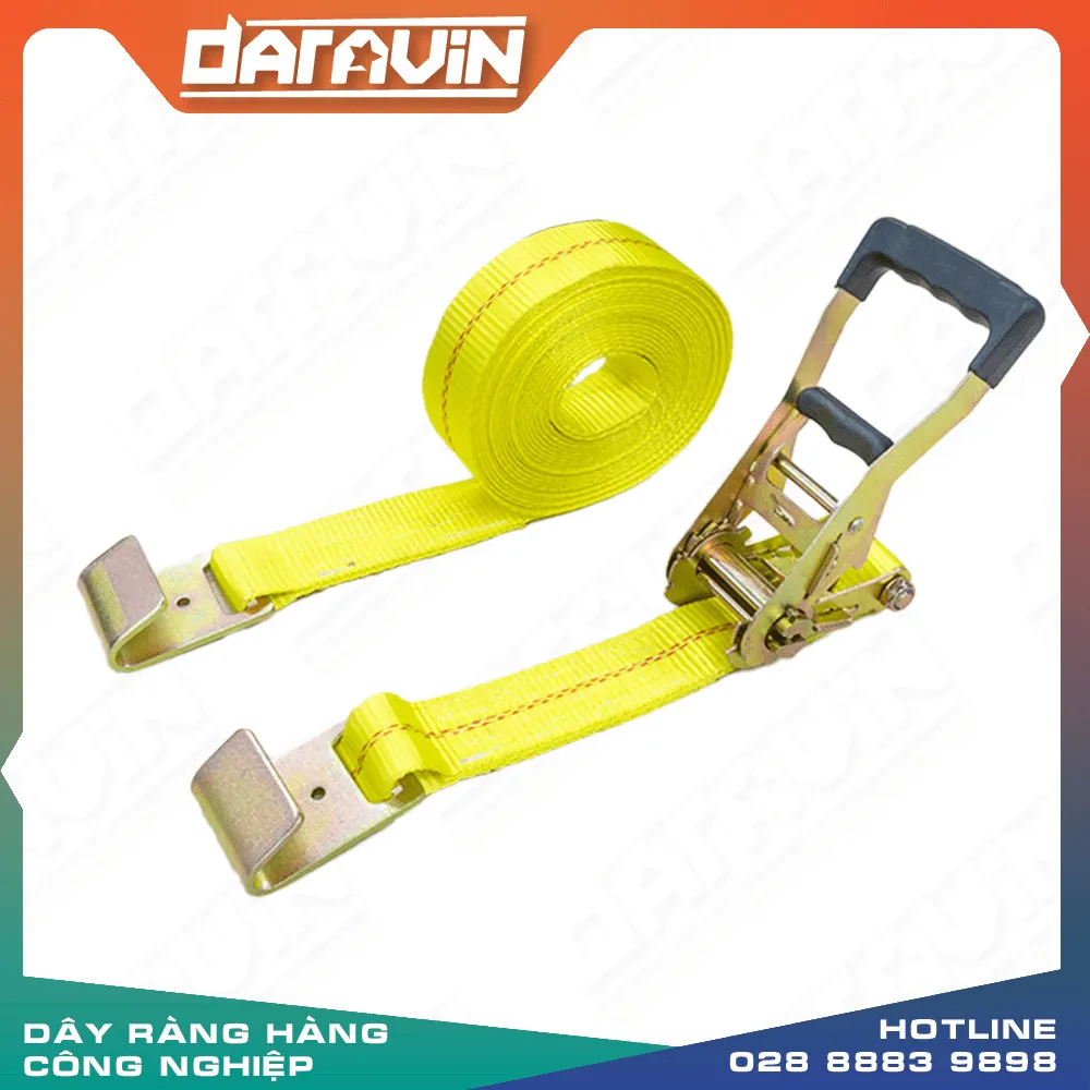 Dây tăng đơ vải chằng hàng cán nhựa bản 50mm tải 5 tấn móc Flat