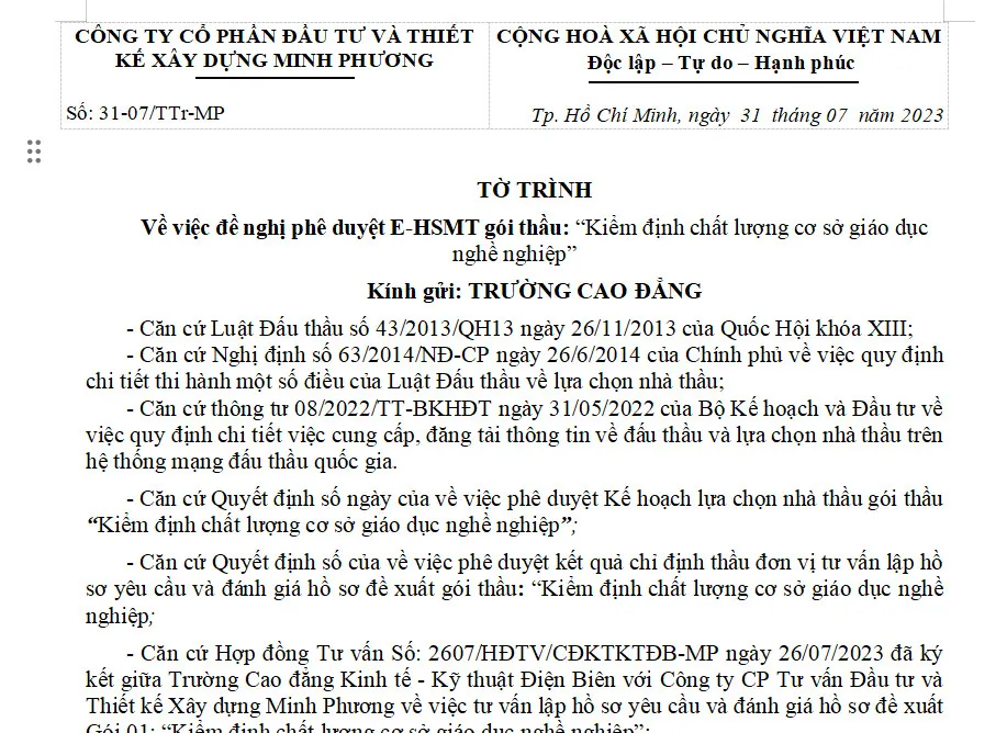 Mẫu tờ trình phê duyệt hồ sơ mời thầu theo Thông tư 08