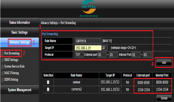 HƯỚNG DẪN NAT PORT CAMERA TRÊN MODEM DASAN VIETTEL