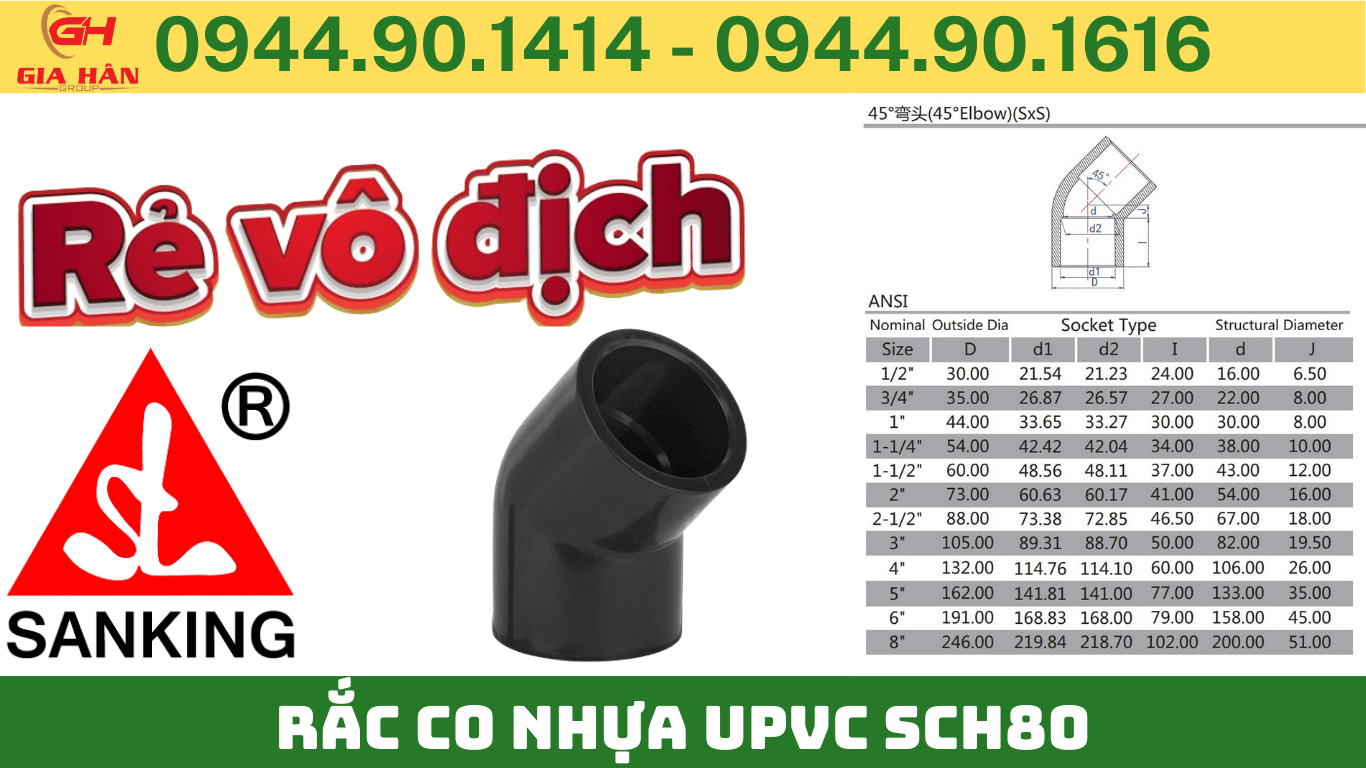 Co 45° Nhựa PVC SCH80 Sanking l Phụ Kiện Nối Ống uPVC Chịu Áp Lực Cao