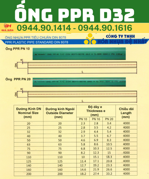 Ống PPR D32 Đệ Nhất l Ống Nước Nóng Lạnh PN10 - PN16 - PN20