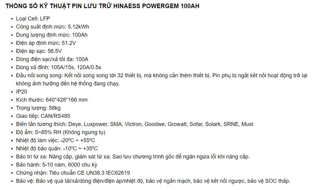 PIN LƯU TRỮ LITHIUM HINA ESS PowerGem Plus 51.2V 100AH - 5.12KWh
